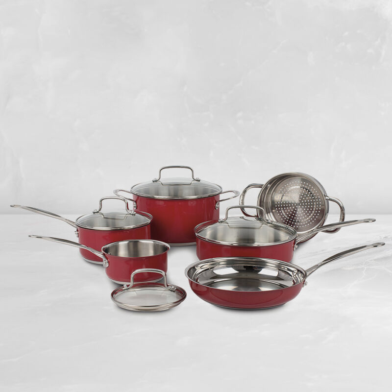 10-Piece Classic Collection Metallic Stainless Steel Cookware Set - Red